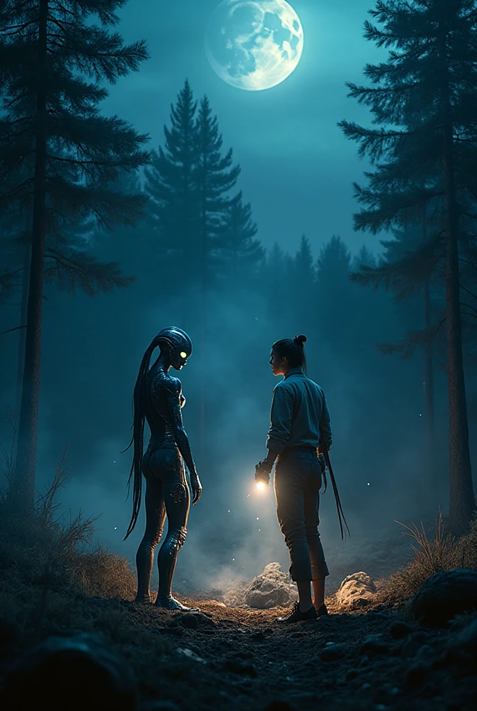 Cinematic science fiction scene, two beautiful alien women with silver ...