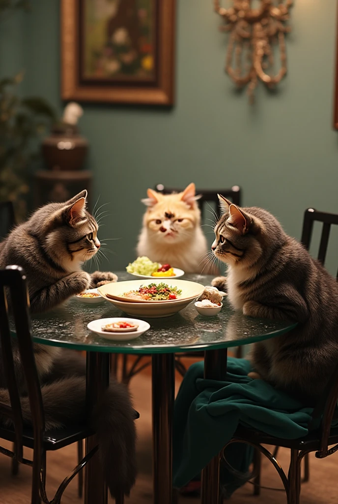 Generate images of three cats sitted round a glass dining table with ...