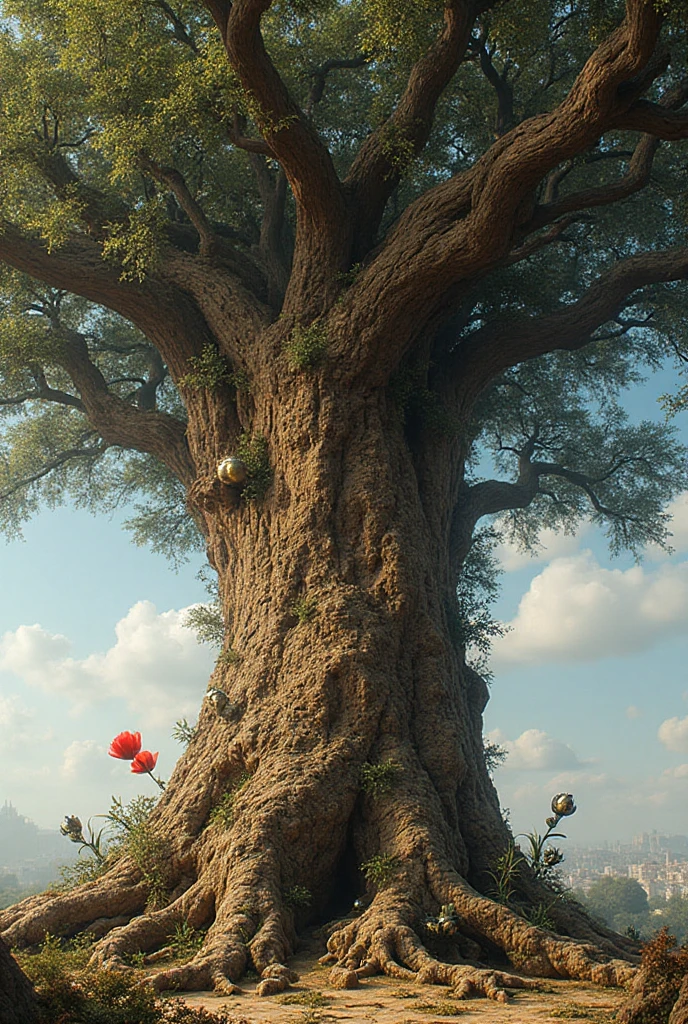 A massive, ancient tree with bark that looks like weathered parchment ...