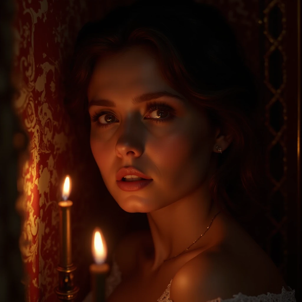 Close-up of a woman’s face lit by candlelight, expression torn between ...