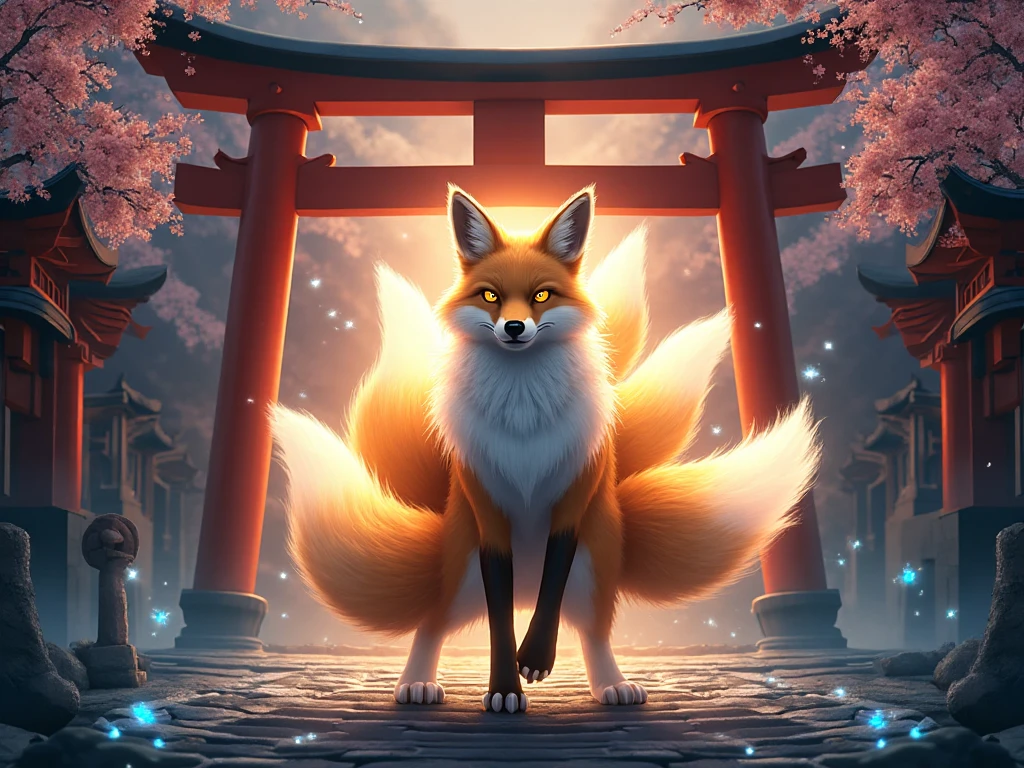 A majestic nine-tailed fox standing in front of a Japanese Shinto ...