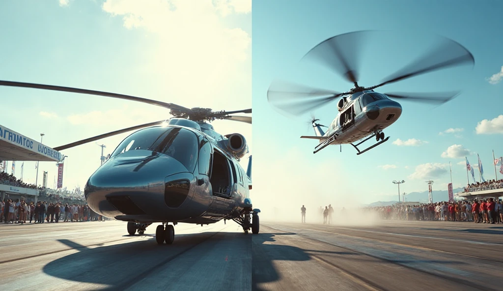 Hyper-realistic cinematic scene showing a futuristic helicopter at an ...