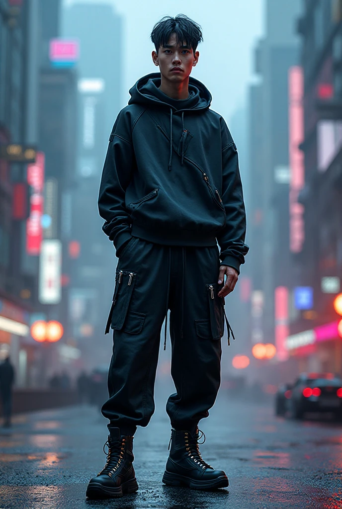 An Asian male model age around 20-35 wearing Asymmetrical hoodie ...