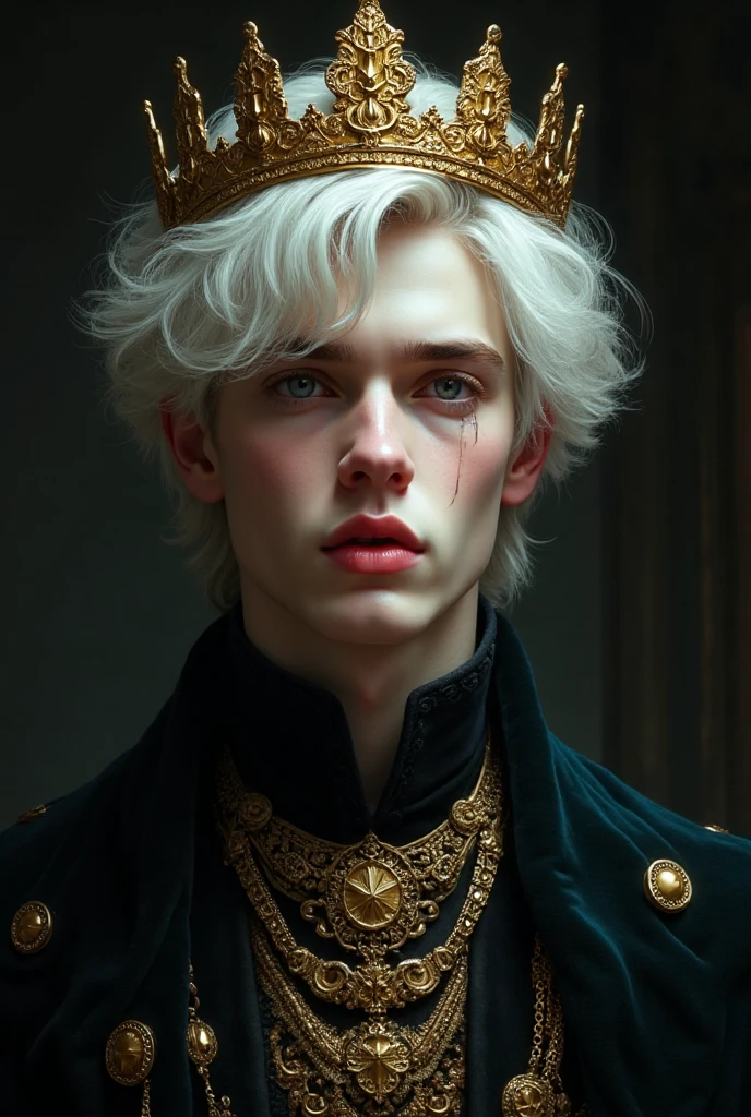 The image shows a young man with an ethereal and majestic appearance ...