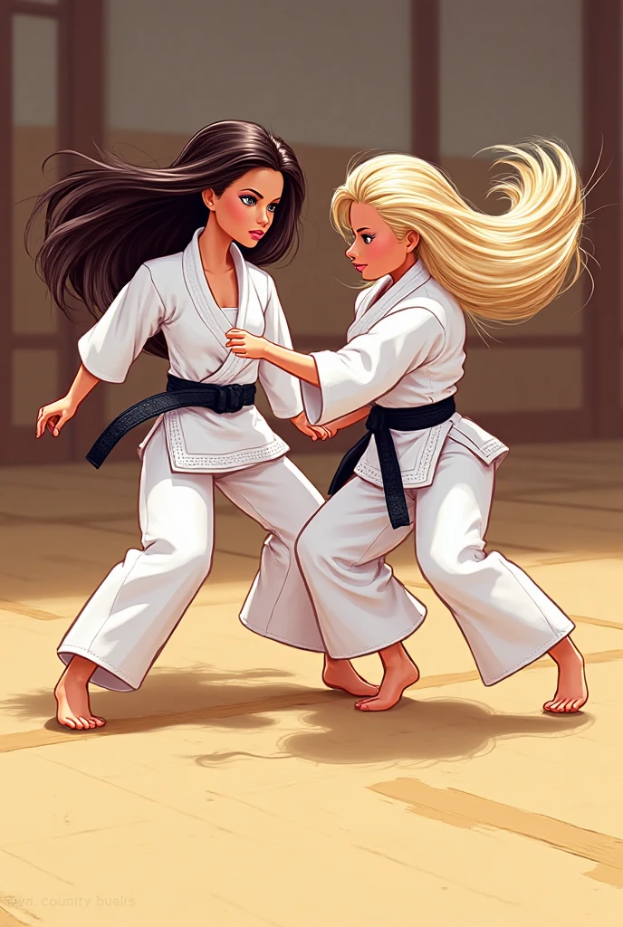 Two Barbie judo championship fight white judogi barefoot tatami ...