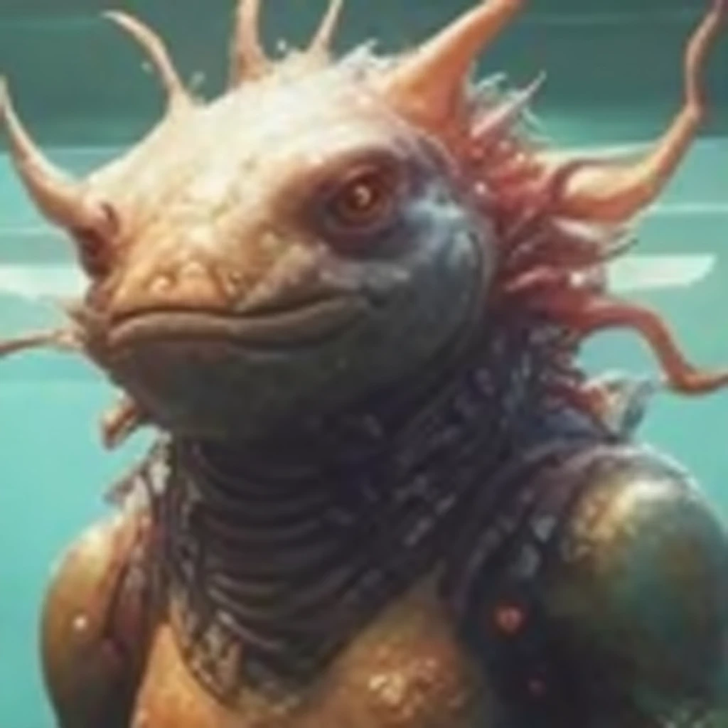 An alien creature stands in a softly illuminated aquatic environment ...