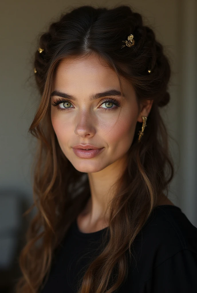 The hair is long and narrow, defined curls styled, falling over the ...