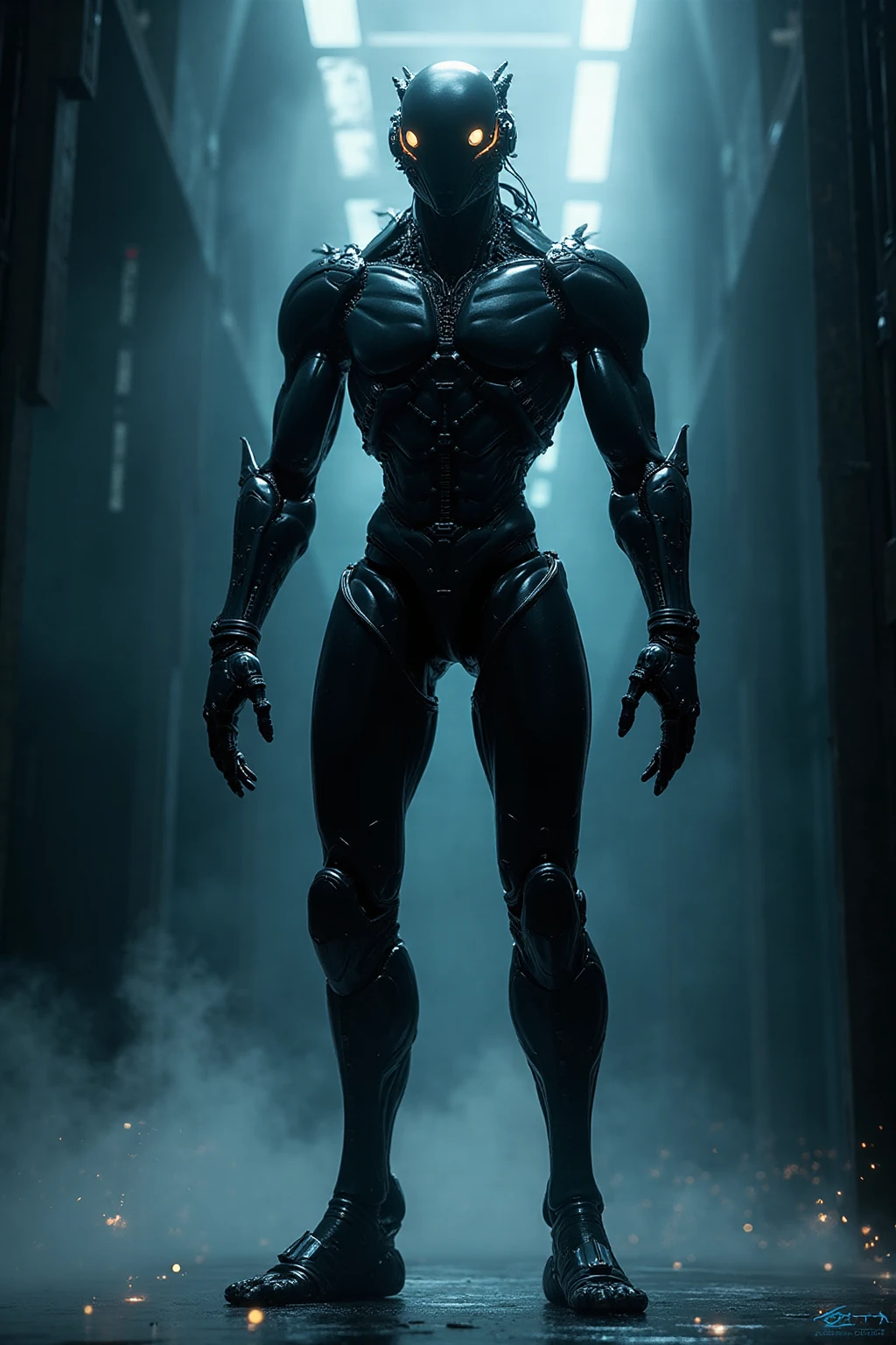A tall humanoid alien drone stands in a dark, mist-filled industrial ...