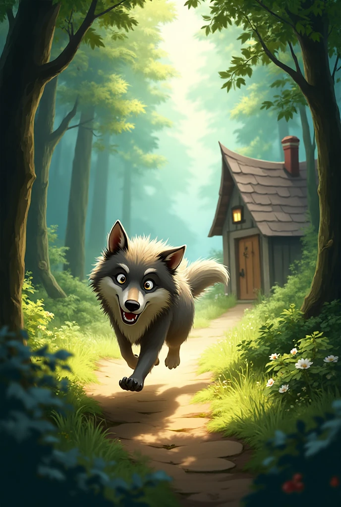 > A cartoon wolf running quickly through the forest toward a small ...