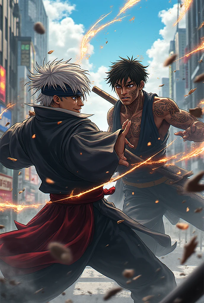 A jujustu sorcerer with white hair and a blind fold ,fighting a man ...