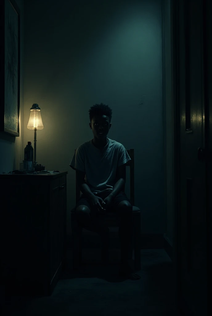 Kofi, teenage boy, sits frozen on his chair in his small dark room ...