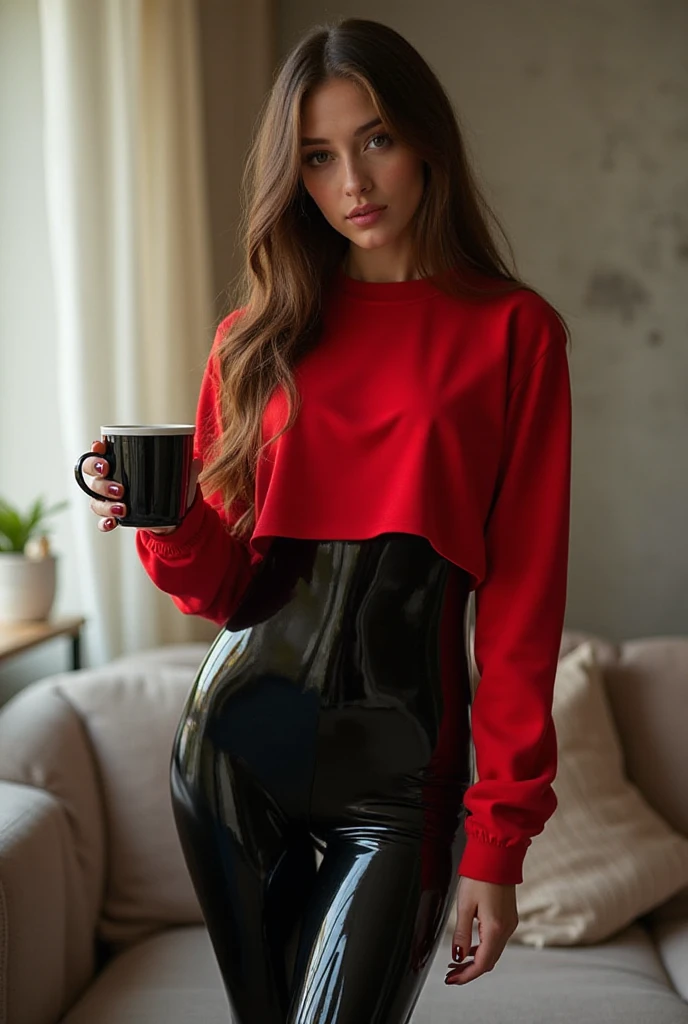 A girl trying a red sweatshirt and shiny black latex high heels to her ...