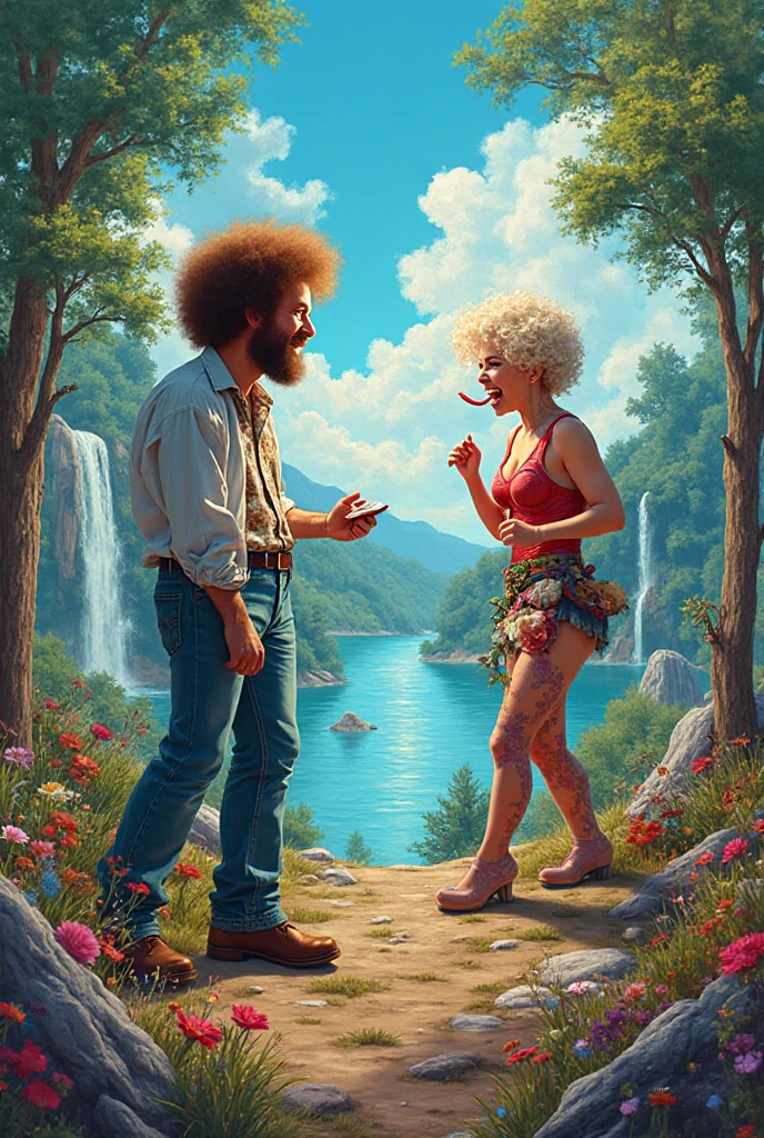 Bob Ross fighting Miley cyrus - SeaArt AI
