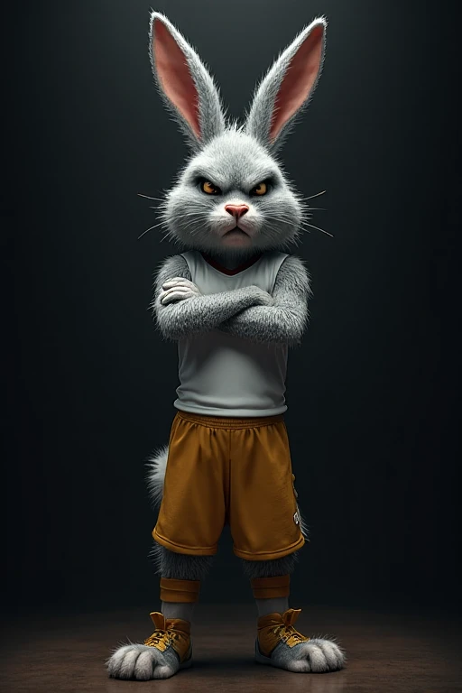 A tall, confident anthropomorphic gray rabbit standing with arms ...