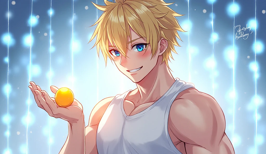 Handsome anime male character, muscular build, blonde hair, striking ...