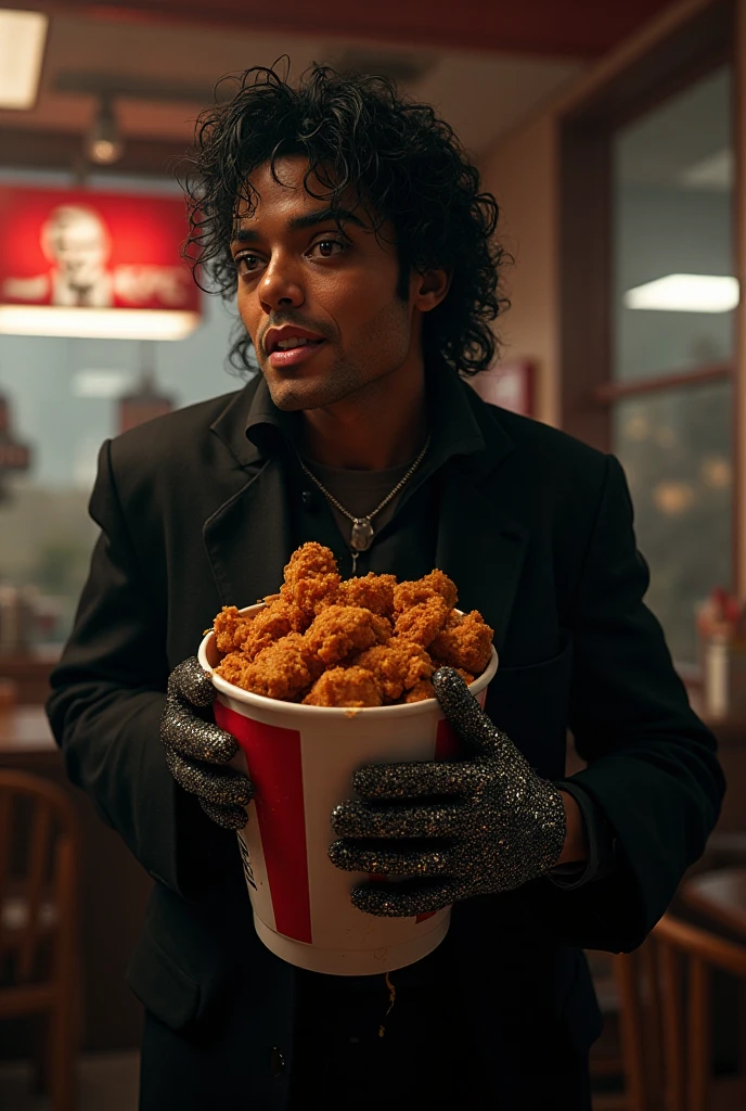 Michael Jackson at kfc stealing fried chicken and eating it - SeaArt AI