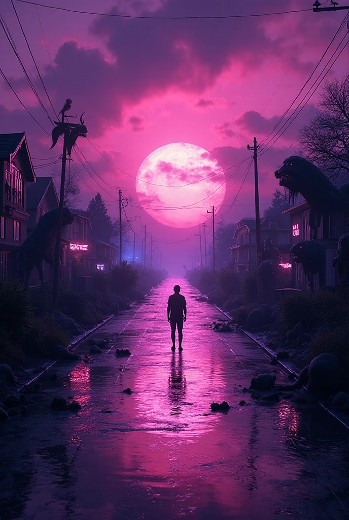 A surreal, dreamlike street scene at sunset with a glowing purple and ...