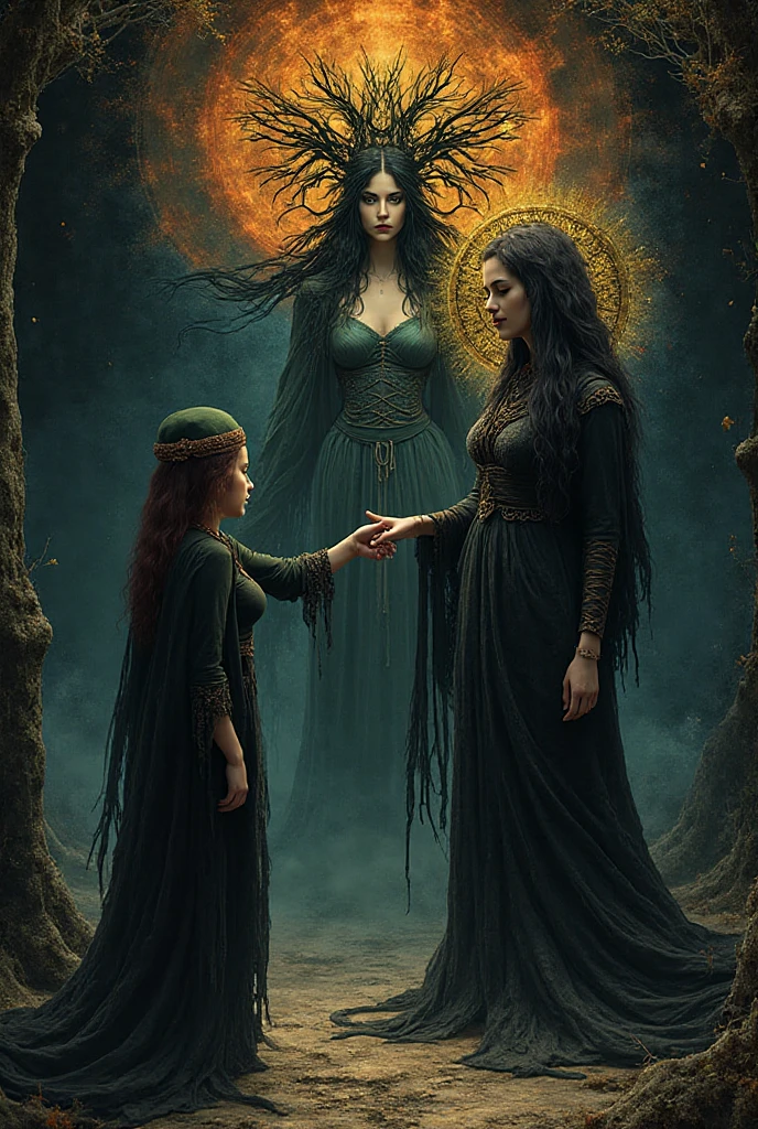 A woman stands at a mystical crossroads, her gaze fixed on the powerful ...