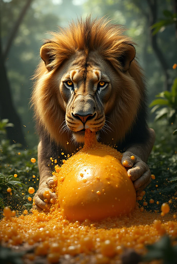 “A powerful lion in the jungle, biting into a bright potato, with seeds ...