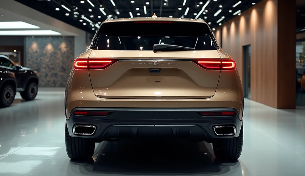 Rear view of 2026 luxury SUV metallic beige color inside a modern car ...