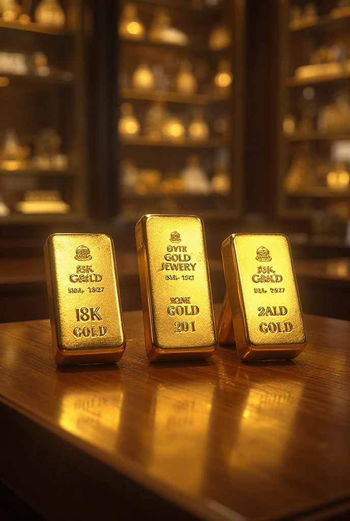 Three gold bullion bars displayed in a jewelry store, each bar engraved ...