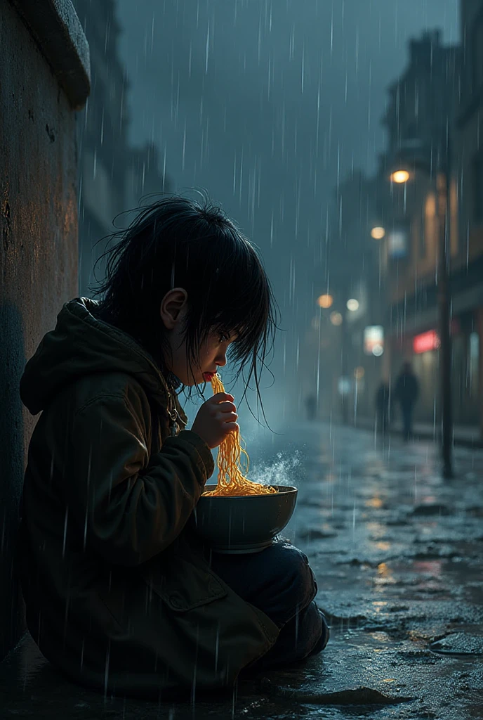 A girl at night is eating boiled noodles, heavy rain cold weather and ...