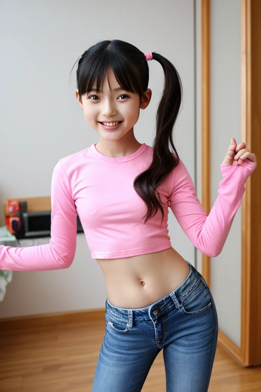 Solo Asian Tween Girl Short Twintails Light Pink T Shirt Tight