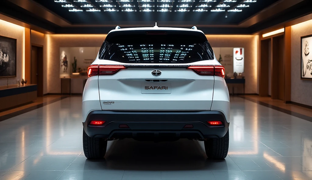Prompt: "Tata Safari 2026 straight back view, white color, displayed on ...