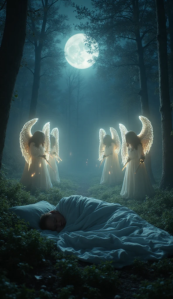 A nighttime scene with a person sleeping peacefully, while radiant ...