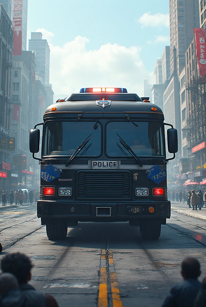 A huge fat bus stands with the police - SeaArt AI