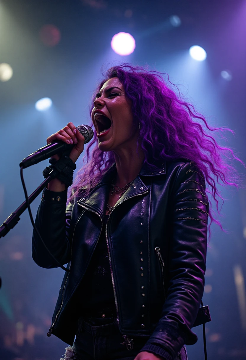 A stunning female rock singer performing on stage, intense spotlights ...