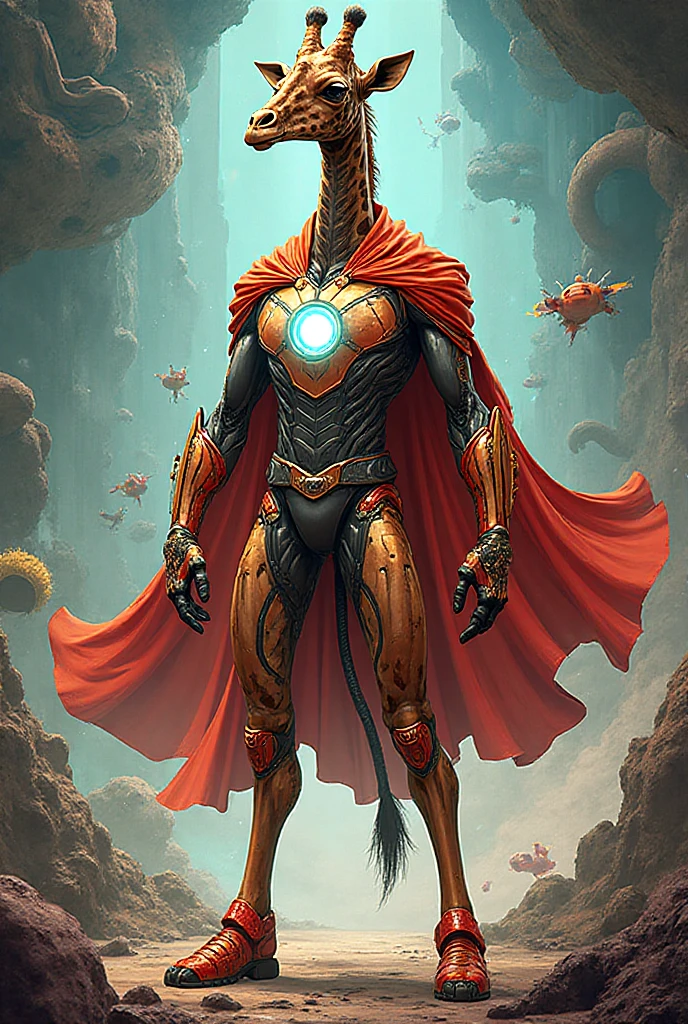 Make a superhero giraffe with a cape and a hat and a chest like Ironman ...