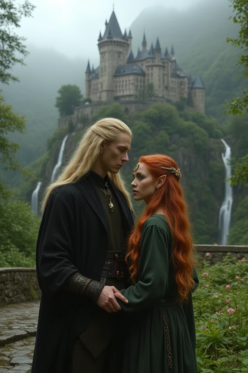 Cinematic realistic fantasy image: x} an elven couple stands in a ...