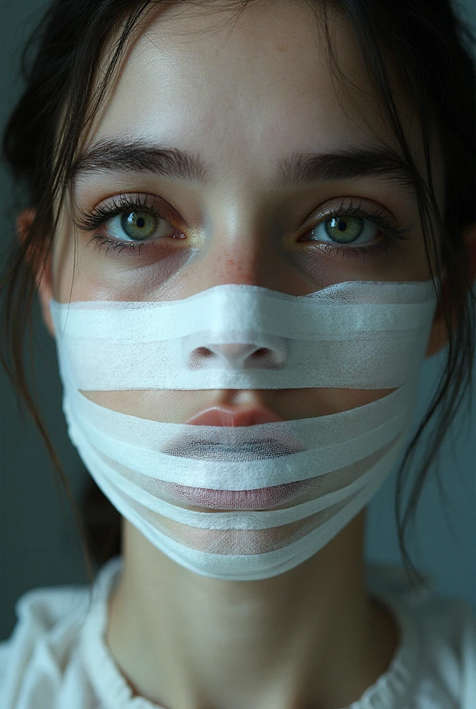 Make a girl that gagged with white microfoam tape all over the jaw ...
