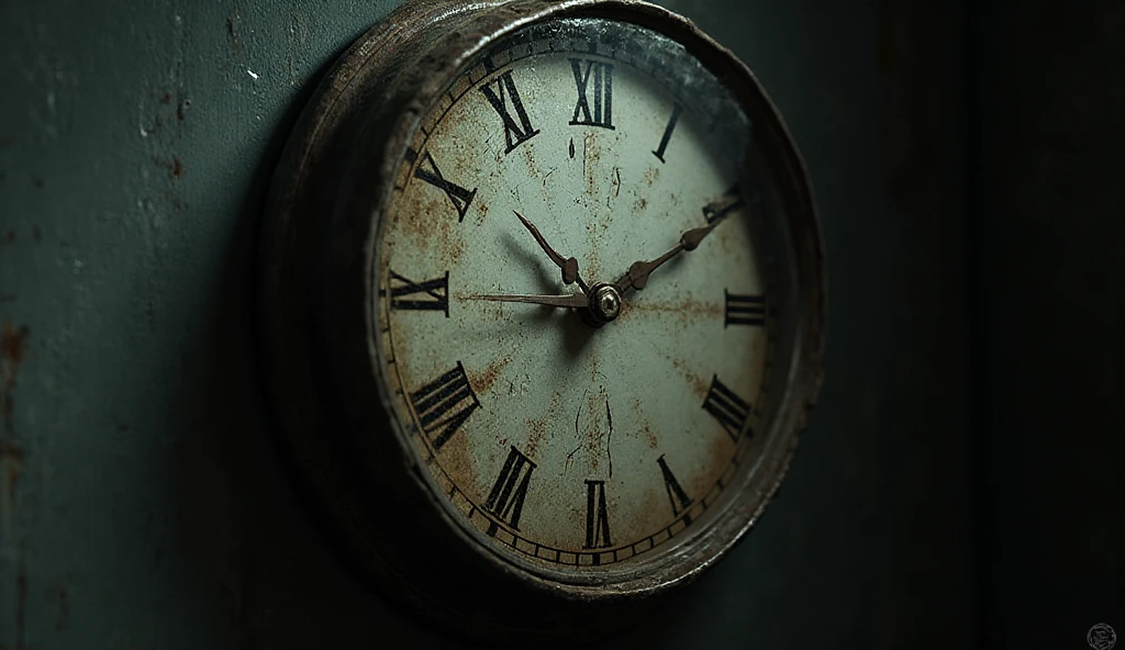 Vintage wall clock frozen at 10:56, dusty and cracked glass, dim light ...
