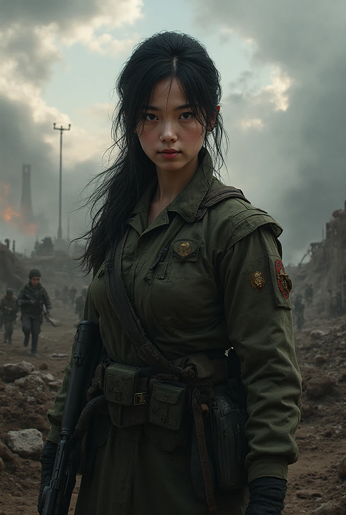 Beautiful Asian female soldier, war-torn battlefield dark tone - SeaArt AI