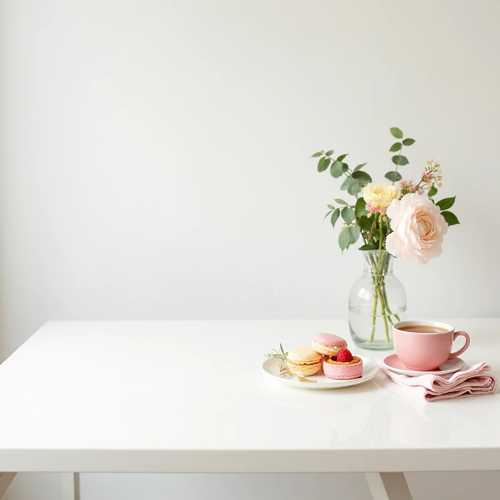 A clean, wide glossy white table surface extends across the frame ...