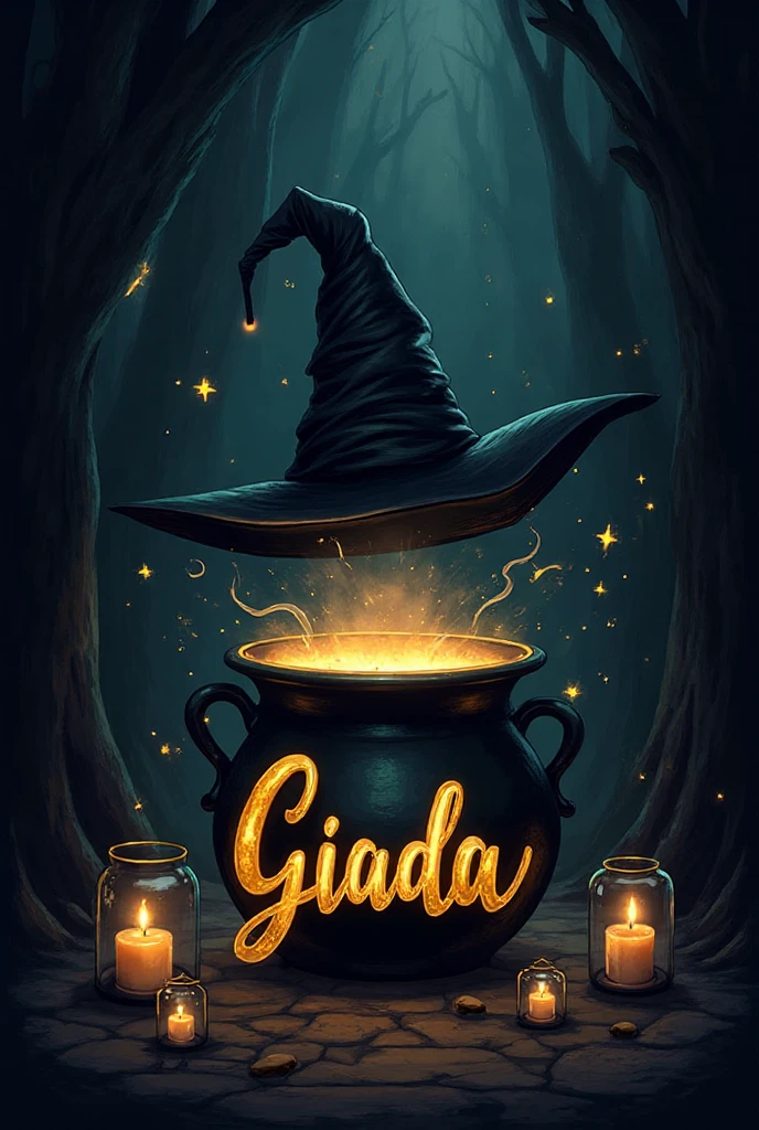 “Fantasy illustration with witch hat, smoking cauldron and floating ...