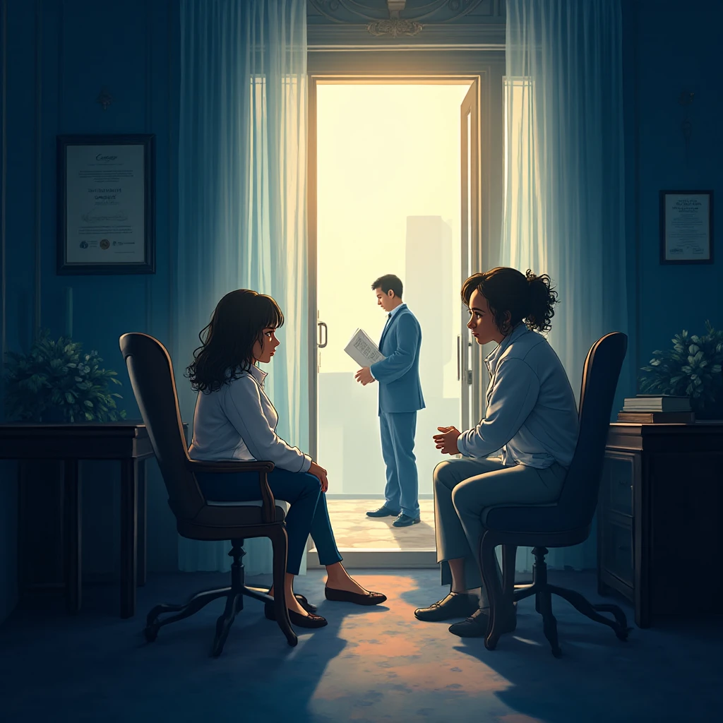 In anime-style, depict a luxurious therapist’s office interior under ...