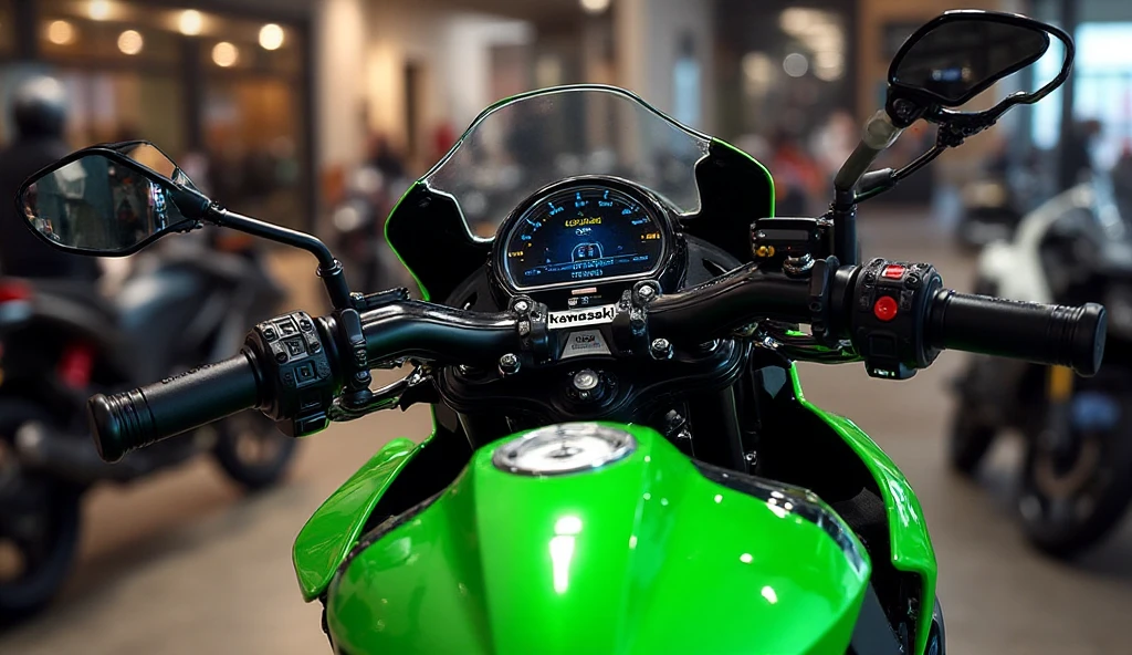 “Kawasaki Z900 2026 model, green color, close-up cockpit view showing ...