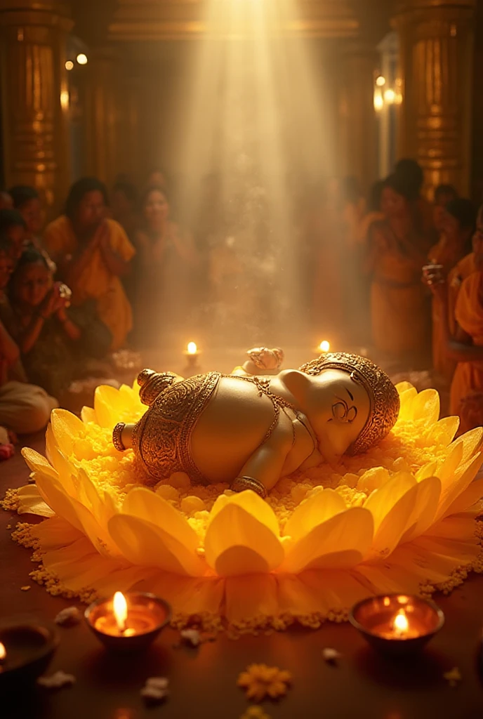 "A divine scene of Lord Ganesha sleeping peacefully on a glowing golden ...
