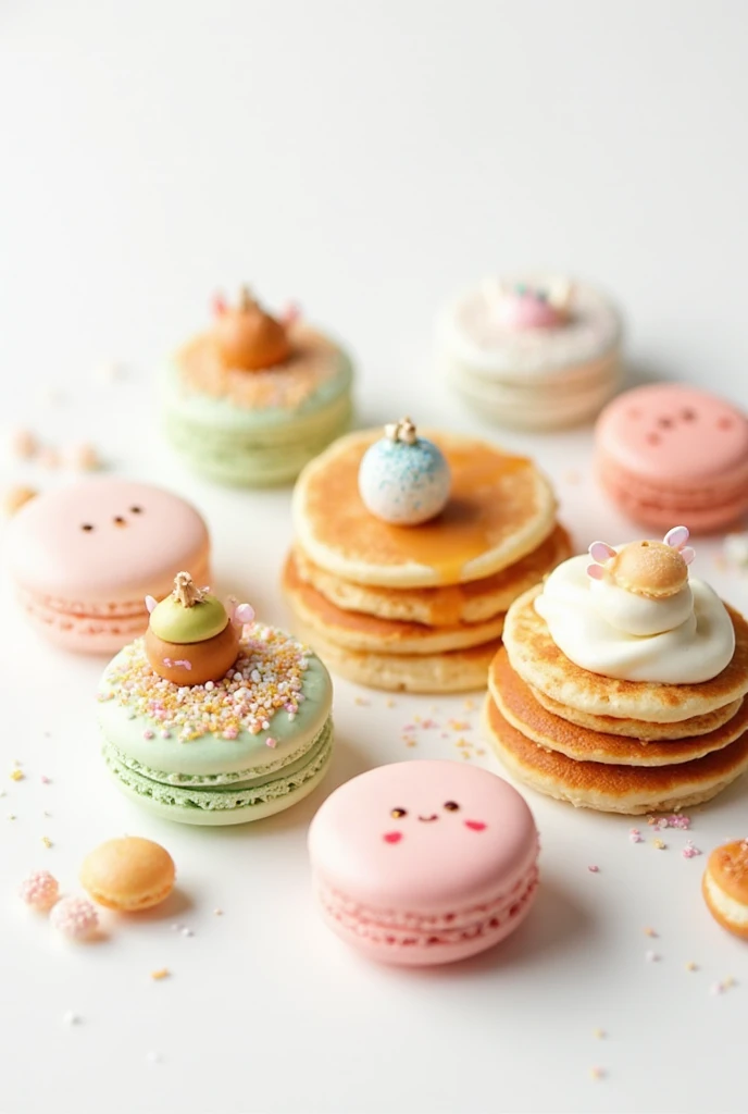 Adorable kawaii food arrangement, pastel-colored macarons in soft pink ...