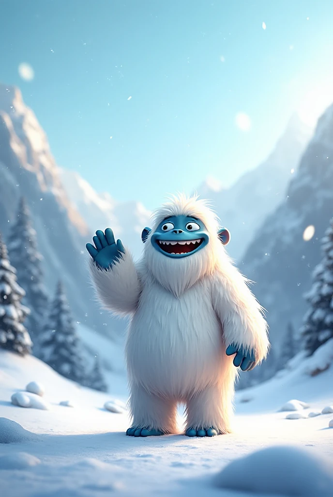 A friendly cartoon yeti standing in a snowy mountain landscape - SeaArt AI