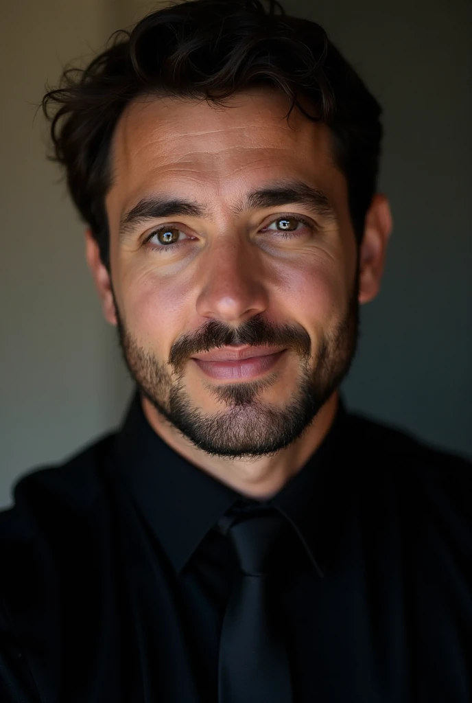 There is a man with a black shirt and a black tie, with accurate face ...