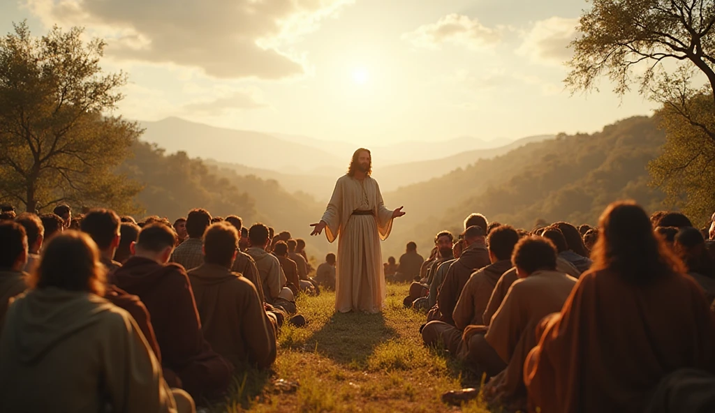 Jesus teaching outdoors “Jesus standing on a hill with disciples and ...