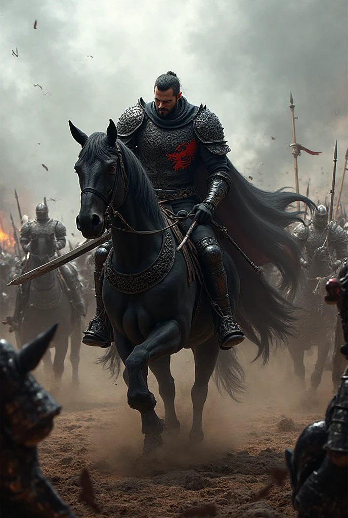 Damon blackfire, black armor, dragon crest in red, on a horse - SeaArt AI