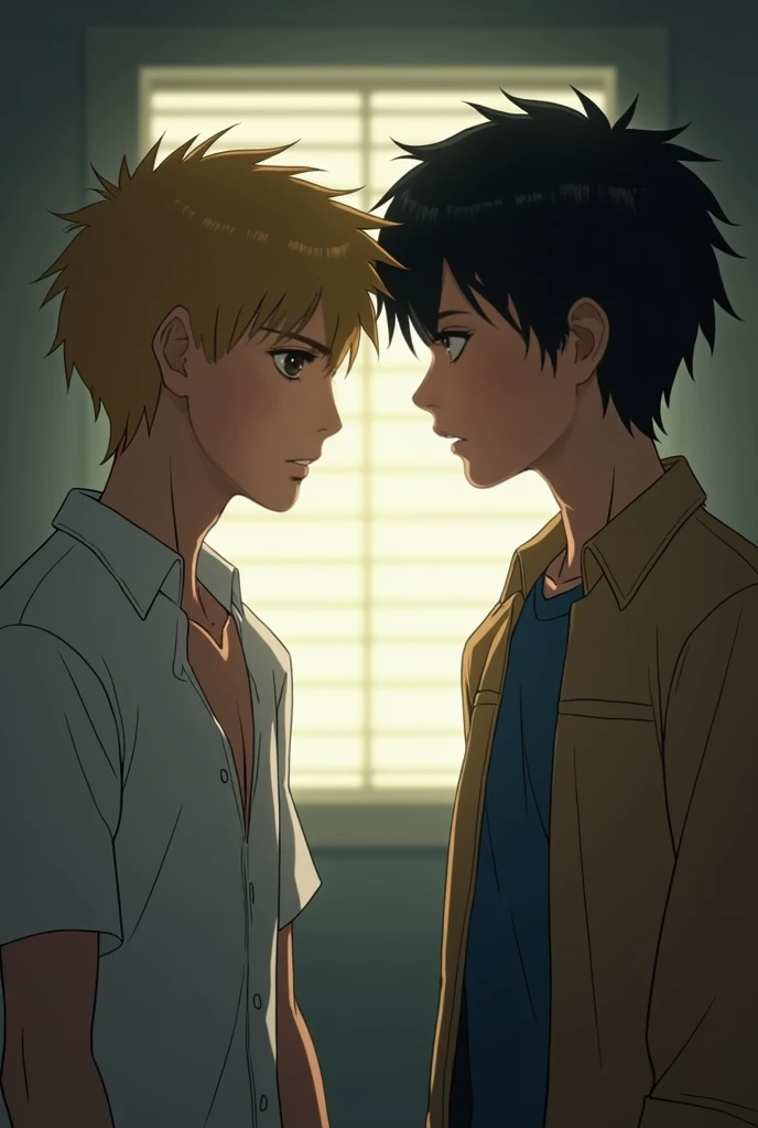 Two young men facing each other in a dimly lit room, intense emotional ...