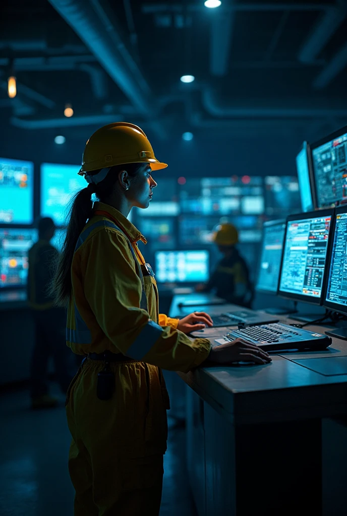 A cinematic, ultra-realistic image of a power plant engineer working ...