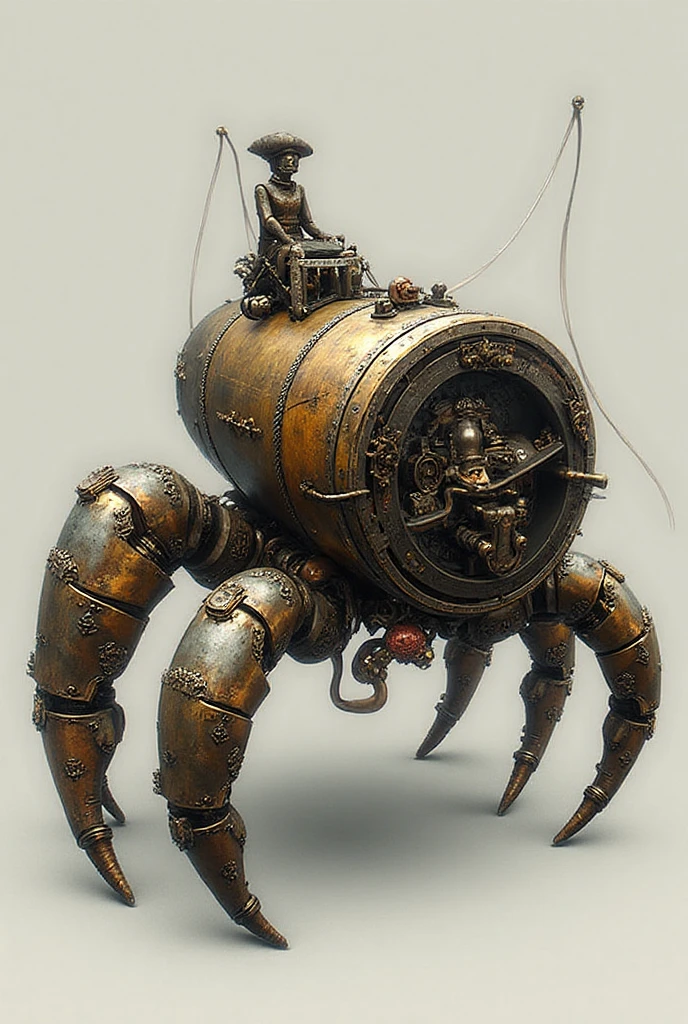 Create a mechanical crab with claws that has a barrel with a seat ...