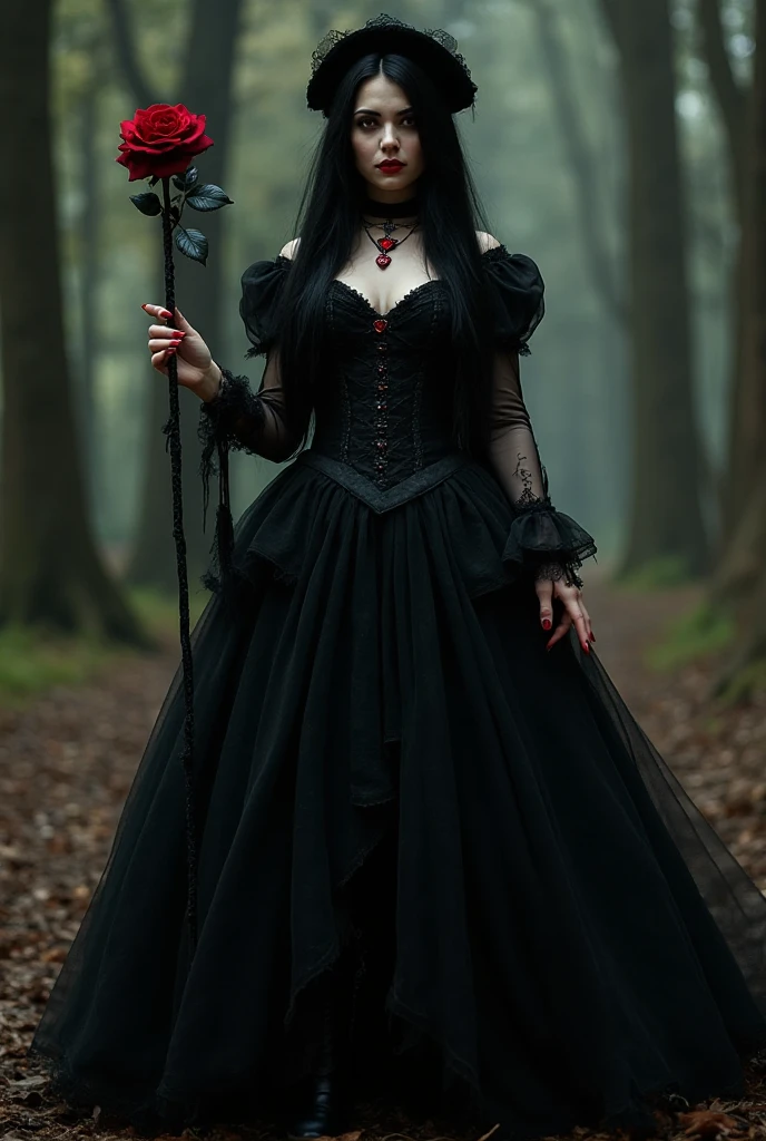 High quality, a Human female vampire with black long hair and red eyes ...